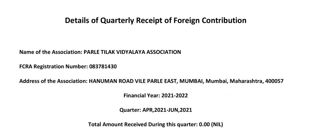 Details of Quarterly Receipt of Foreign Contribution – Quarter: APR ...
