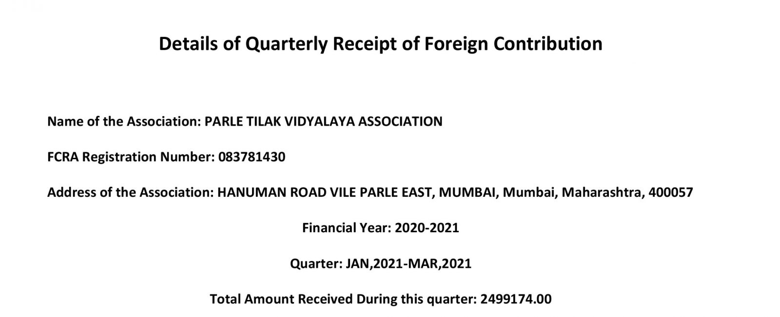 Details of Quarterly Receipt of Foreign Contribution – Quarter: JAN ...